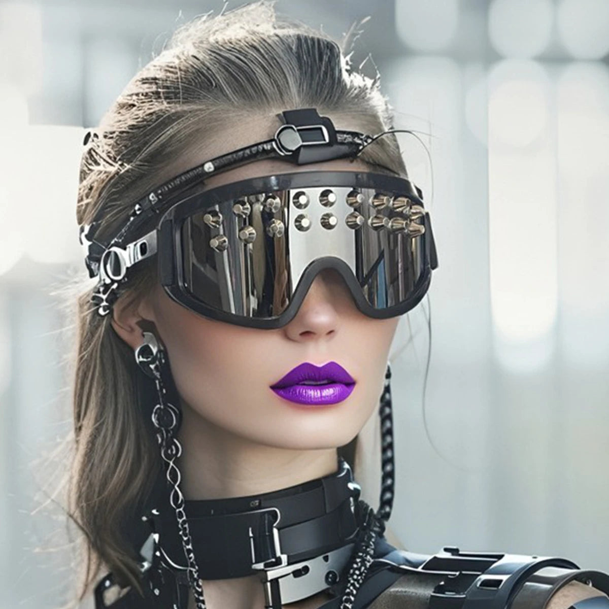 Cyber Spire Goggles – Futuristic Mirrored Cyberpunk Eyewear with Studd ...