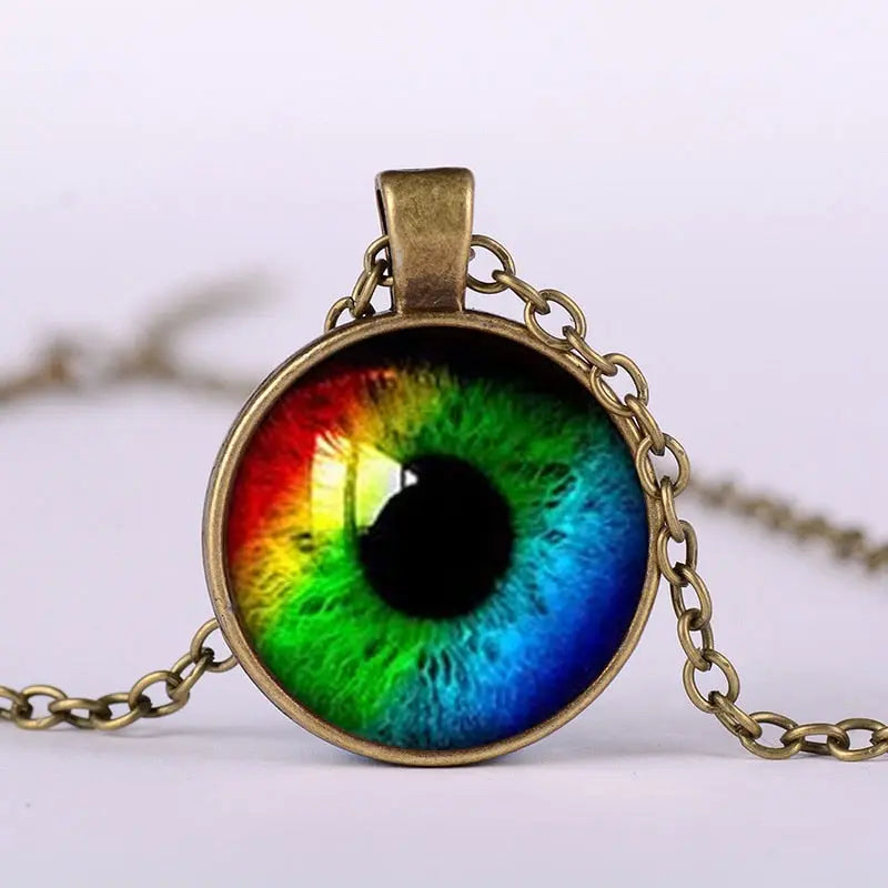 Dark Evil Dragon Eye Necklace Medieval Gothic Pendant Gold Chain Rainbow Eye