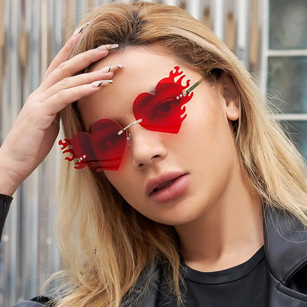 Heart On Fire Heart Flame Shaped Tinted Lens Rimless Sunglasses Gradient Purple